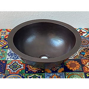15" Round Copper Bathroom Sink Mexican Copper Bath Sink Pure Copper Hand Hammered Dual Mount Dark CPS05