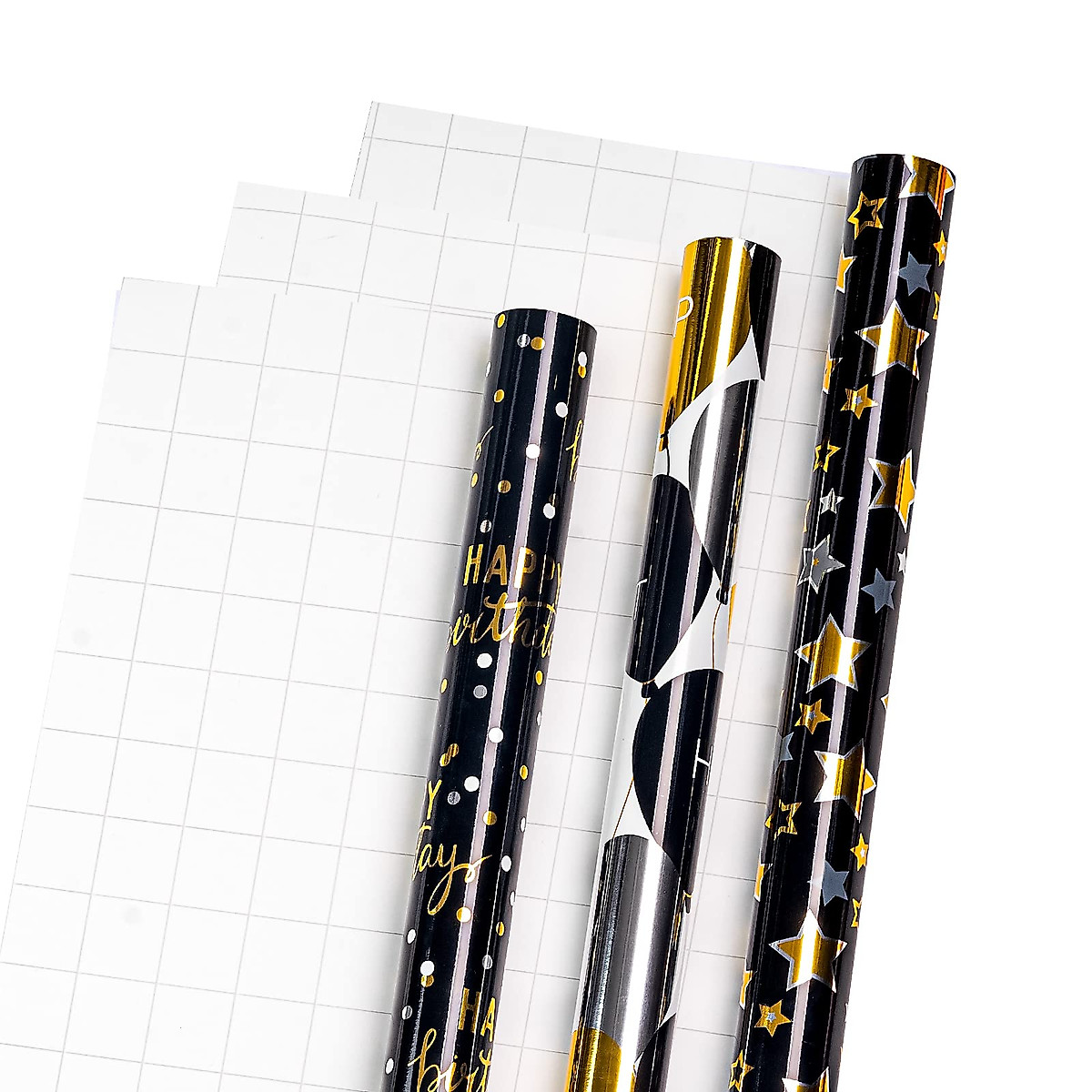 LeZakaa Birthday Wrapping Paper Roll - Mini Roll - Metallic Foil with Balloon, Star and Happy Birthday Lettering - 17 x 120 inches, 3 Rolls (42.5 sq.ft.ttl.)