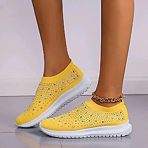 IMPREMEY Women's Sparkle and Shine Rhinestone Glitter Slip-on Mesh Walking Shoe with Non-Slip Sole Yellow