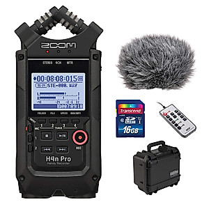 Zoom H4n Pro All Black 4-Track Portable Recorder (2020 Model) with Windscreen, Mic Attenuator Cable, 16GB Memory Card & Remote Control Bundle