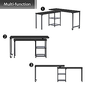 soges Reversible L Shaped Desk, 360° Free Rotating Corner Computer Desk, 55 inch L Desk with Storage Shelves for Home Office, Modern Study Writing Table Workstation, Black