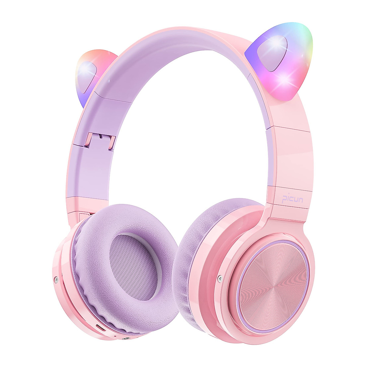 Picun Bluetooth Kids Headphones with Microphone, Cat Ear Wireless & Wired 85dB Volume Limited Multi-Function Girl Headphones, Built-in Flashing LED, Foldable for School Study Home Travel- Purple Pink