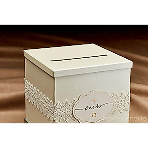 Hayley Cherie - Ivory Gift Card Box with White Lace Textured Finish - Large Size 10" x 10" - for Wedding Receptions, Bridal & Baby Showers, Birthdays, Graduations, Funerals, Money