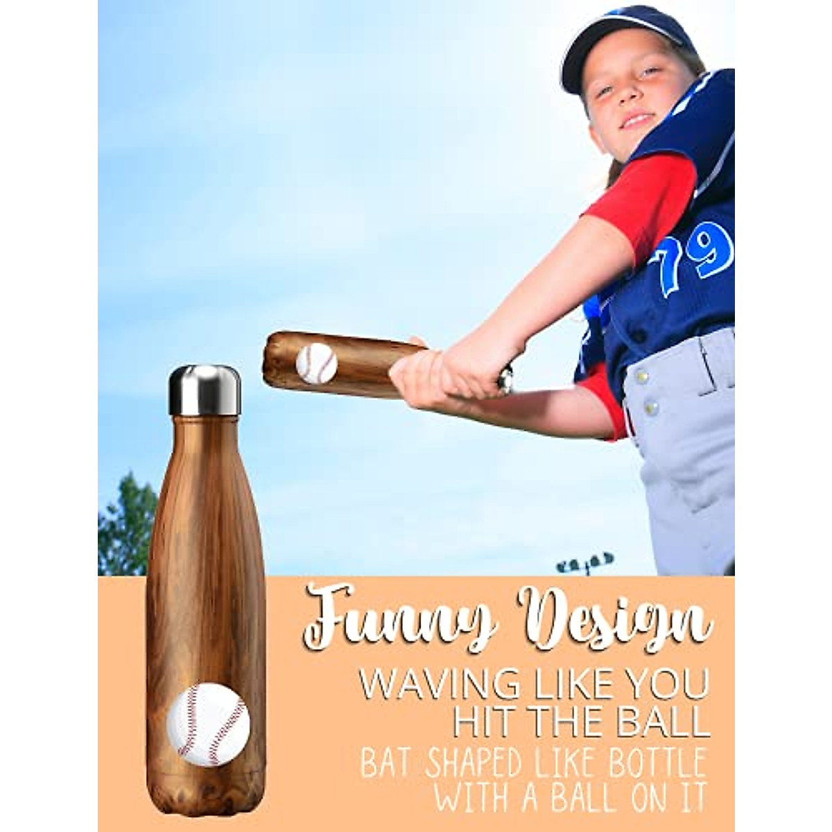 Onebttl Baseball Gifts for Boys and Girls, 17oz Stainless Steel Water Bottle, Wooden - Baseball is My Favourite Season
