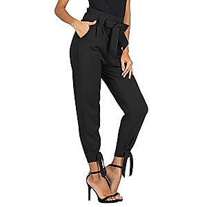 GRACE KARIN Women Solid Casual Work Trousers High Waist Ruffle Bow Tie Pants L Black