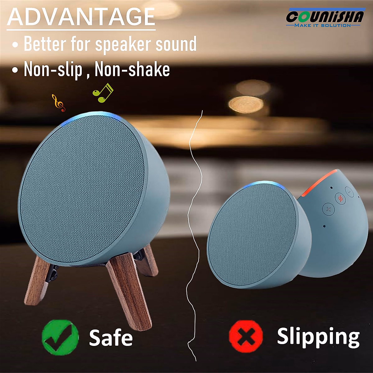 Real Wood Stand for Echo Pop Speaker (Newest Model),Tripod Accessories Holder for Better Sound,Secure Sturdy Wooden Table Mount for Alexa Pop (Walnut)