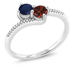 Gem Stone King 10K White Gold Forever United 2 Stone Blue Sapphire and Red Garnet and Diamond Engagement Ring For Women (0.90 Cttw, Round, Avaiable in Size 5,6,7,8,9)