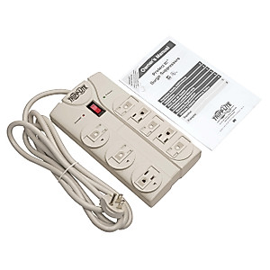 Tripp Lite 8 Outlet Surge Protector Power Strip, 8ft Cord Right Angle Plug, LIFETIME INSURANCE & $75K INSURANCE (TLP808) light gray