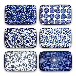 Selamica Ceramic 8 inch Rectangular Salad Plates, Dinner Plates, Pasta Dessert Plates Serving Trays for Appetizer, Sushi, Fruit - Microwave/oven/Dishwasher Safe, Set of 6, Vintage Blue