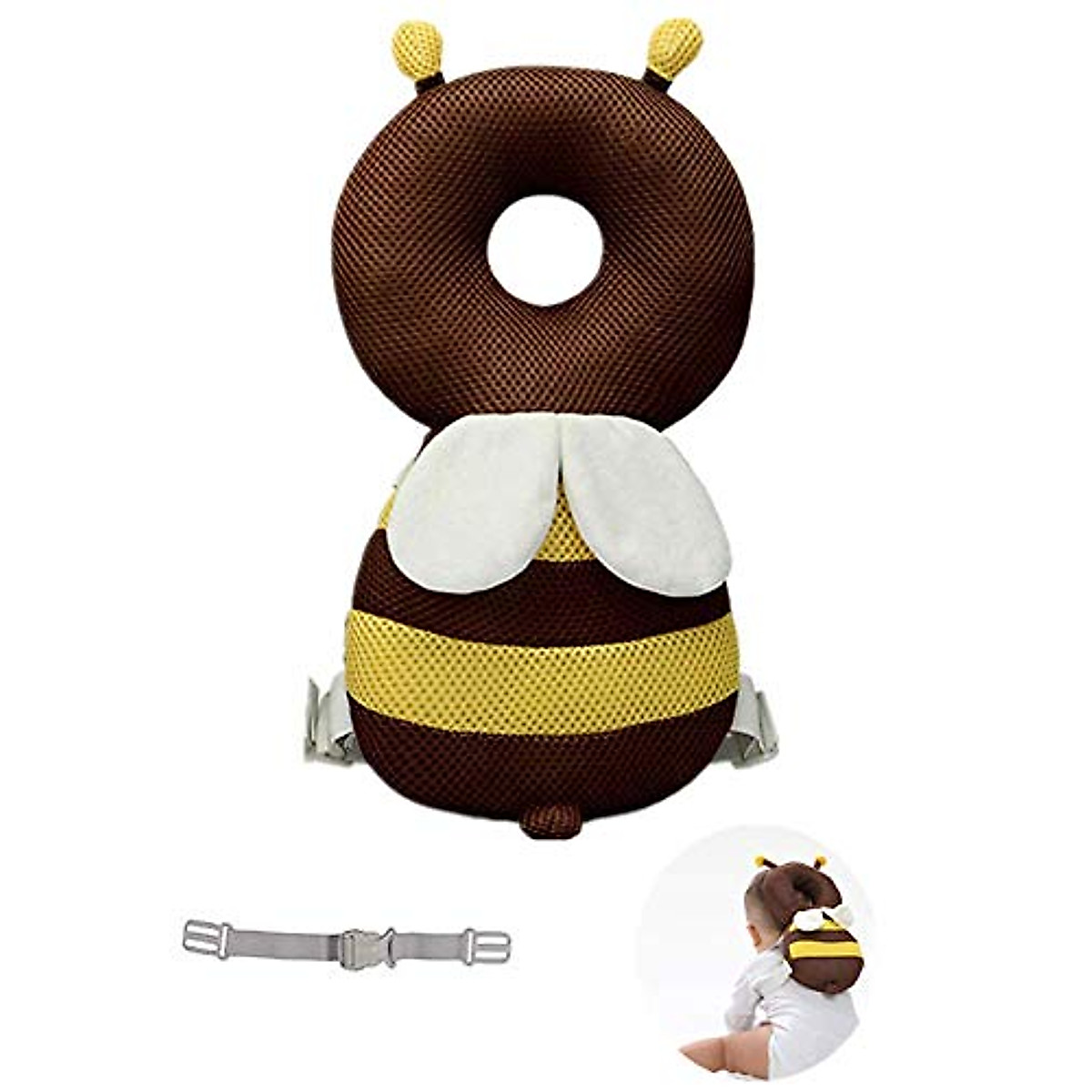 Baby Head Protector - Baby Walker Protective Head Adjustable Baby Safety Mat Protective Head Cute Bee Suitable Age 4-36 Months (Brown)