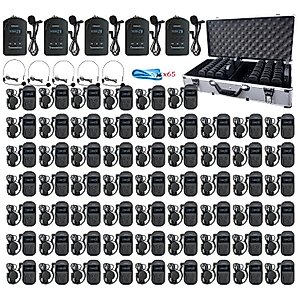 EXMAX EXD-101 2.4GHz Audio Guide Equipment Translation Church System for Factory Tour Guide Training Teaching Conference Tourism Museums Galleries(5 Transmitters 60 Receivers & 64-slot Charging Case)