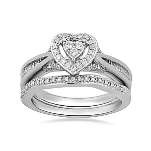 Jewelili Sterling Silver 1/5 Cttw Natural White Round Diamond Heart Bridal Set Engagement Ring, Size 7