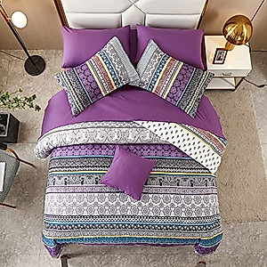 Boho Comforter Set Full Size 8 Piece Bed in a Bag Bohemian Striped Bedding Quilt Set Purple Paisley Floral Comforter and Sheet Set,Soft Microfiber Complete Bedding Sets for All Season