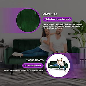 TYBOATLE 65" W Velvet Modern Convertible Folding Futon Couch Sofa Bed w/ 2 USB Charging Ports and arms, Loveseat for Compact Living Space, Dorm, Game Studio, Bonus Room, Apartment, Bedroom (Green)