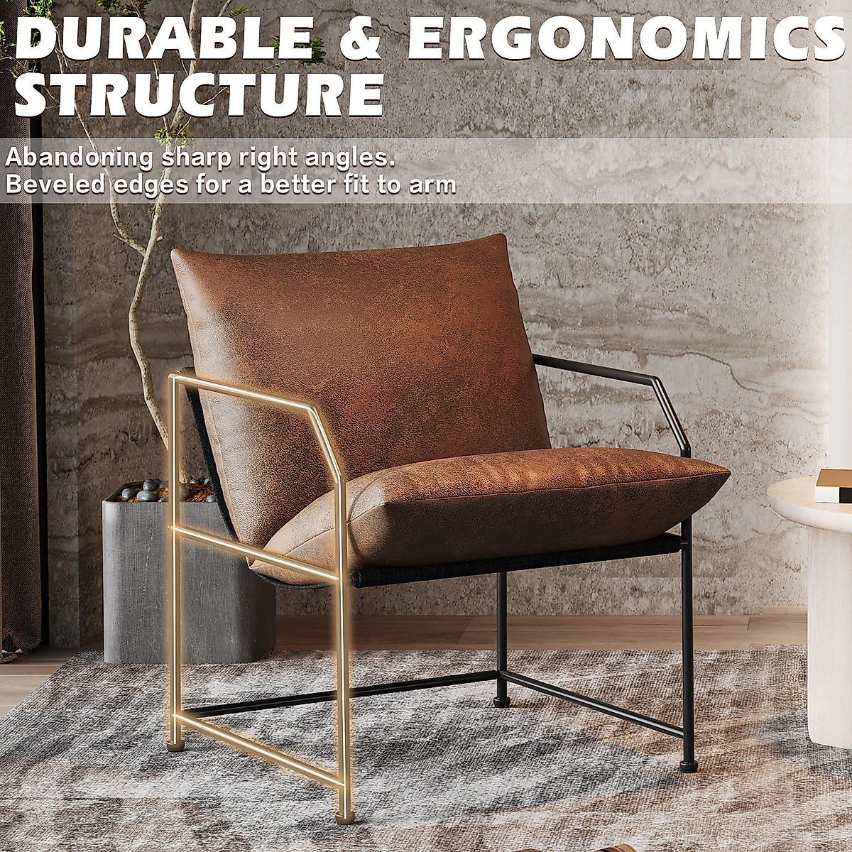 Homy Grigio Sling Accent Chair Set of 2 Mid Century Modern Arm Chair with Metal Frame Upholstered Reading Chair Living Room Chairs for Bedrooms Living Room Home Office,Brown