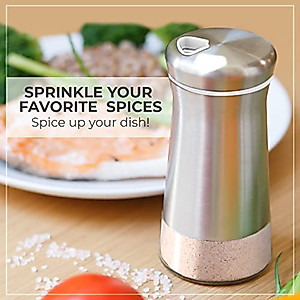 Salt Shaker or Pepper Shaker with Adjustable Pour Holes - Elegant Stainless Steel Spice Dispenser - Perfect for Himalayan, Table Salt, White and Black Pepper (Salt Shaker)