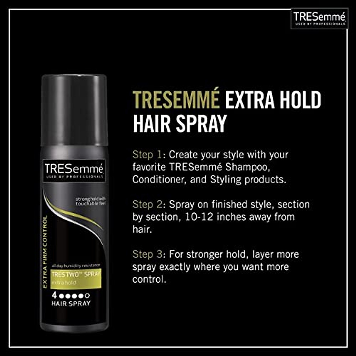 TRESemmé Tres Two Spray Extra Hold Hairspray, Extra-Firm Control, Strong Hold with Touchable Feel, Humidity Resistant, All Day Frizz Control, Pack of 4 – 1.5 oz each
