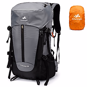 Shanyk Waterproof Hiking Backpack 36L | Lightweight Daypack with Rain Cover for Travel Outdoor Sports Camping Backpacking (Grey)