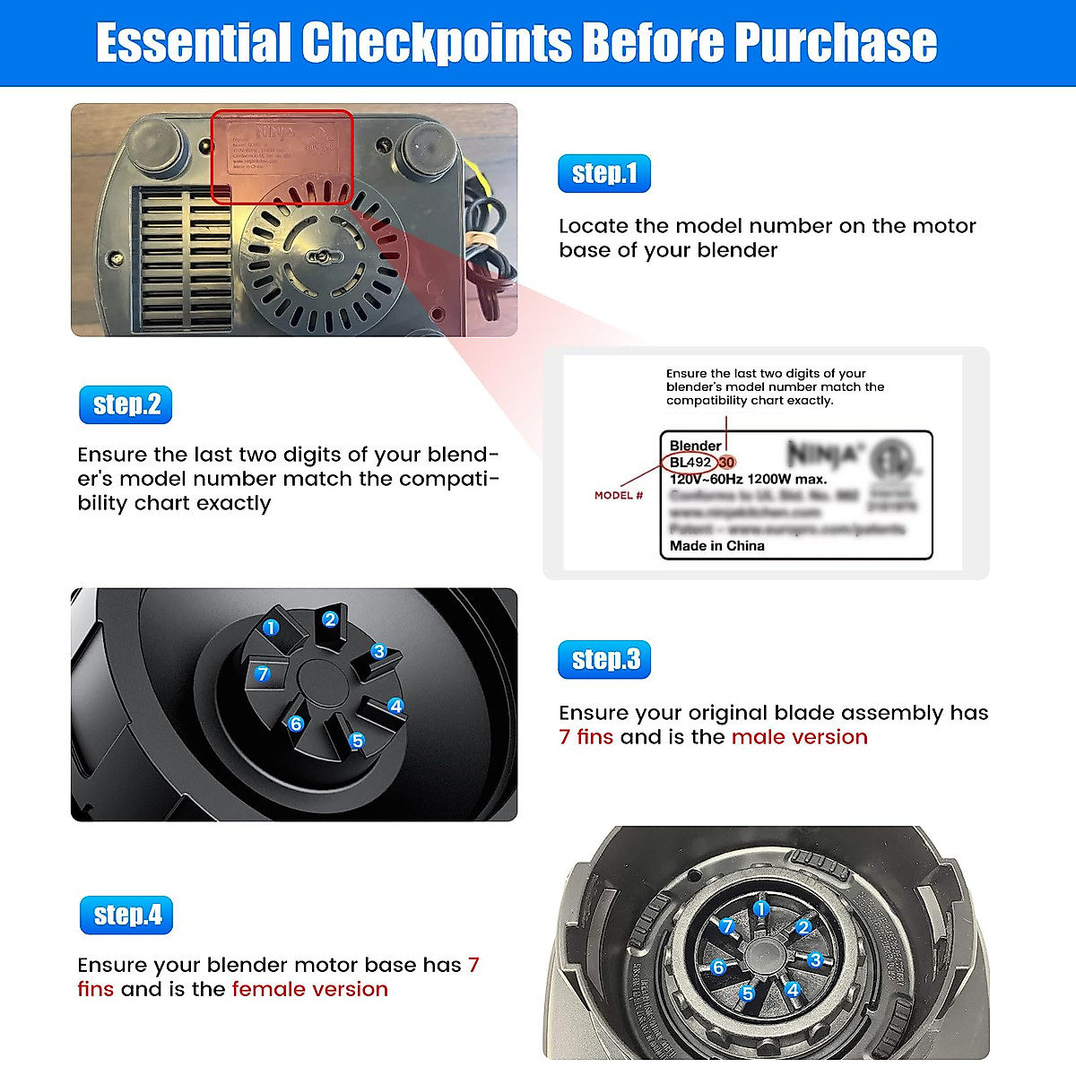 Revorit Blender Replacement Parts for Ninja, 2 24oz Cups with To-Go Lids, 7 Fins Extractor Blade, for Nutri Ninja Auto iQ BN801 BL480-30 BL640-30 BL642-30 NN100-30 BL2012 (2 Pack)