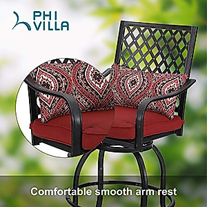 PHI VILLA Patio Outdoor Swivel Bar Stools Set of 4, Patio Bar Height Bistro Dining Chairs All Weather Metal Garden Furniture Sets with Cushion and Armrest, Red