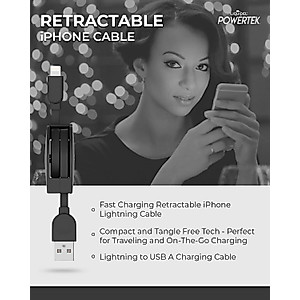 LIQUIPEL Powertek Retractable MFi Certified Charger Compatible for Apple iPhone, iPad, 3ft Cable, Lightning to USB Cable Cord, Fast Charging Lightning Cable (Black)