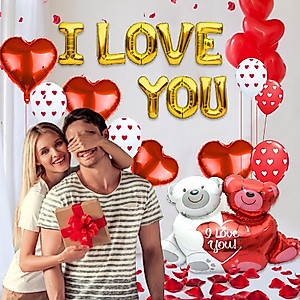 I Love You Balloons and Heart Balloon Set, Romantic Decorations for Special Night Valentines Day Balloons and Teddy-Bear Red Heart Balloons With 1000 PCS Silk Rose Petals 53PCS Valentine's Day Party decorations for Anniversary