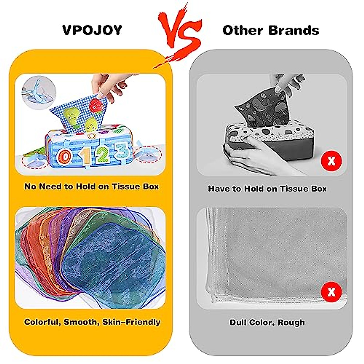 VPOJOY Baby Tissue Box Toy, Soft Montessori Magic Tissue Box Baby Toys 6 to 12 Months, High Contrast Crinkle Paper Sensory Silk Scarves Toys for 1 Year Old Boys Girls Kids Early Learning Gifts