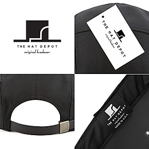 The Hat Depot Made in USA 5 Panel Genuine Leather Brass Closure Flat Brim Biker Cap (Black)