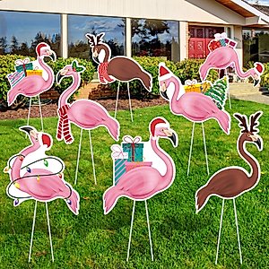 8 Pieces Flamingo Christmas Yard Signs Stakes Pink Flamingo Lawn Decorations Summer Tropical Flamingo Yard Decorations for Outdoor Garden Home Xmas Party