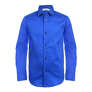Calvin Klein Boys' Long Sleeve Sateen Dress Shirt, Button-down Style With Buttoned Cuffs & Shirttail Hem, Dark Blue, 6