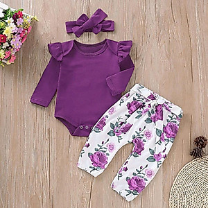 Aoswep Newborn Baby Girl Clothes, Infant Girl Outfits Long Sleeve Ruffle Romper + Floral Pants + Headband Set (9-12 Months,Purple)