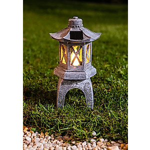 VP Home Solar-Powered Pagoda Garden Statues - Japanese Zen Lantern Outdoor Decor with Flickering LED Light - Durable Polyresin for Yard, Patio, or Garden - 12 x 7 x 6 Inches (Zen Garden Pagoda)