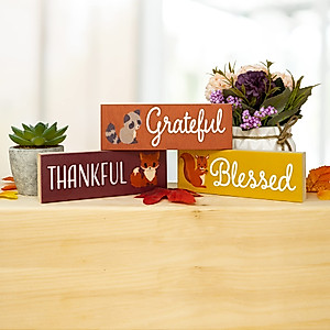 Fall Decorating Grateful Thankful Blessed Wood Block Signs – 3-Piece Fall Decor Set, Thanksgiving & Friendsgiving Decorations, Autumn Tiered Tray Accents
