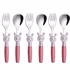 ANNOVA Kids Silverware 6 Pieces Set Children's Flatware - Stainless Steel Cutlery - 3 x Safe Forks, 3 x Dinner Spoons - Safe Toddler Utensils Without Knives for Lunch Box BPA Free (Rabbit x 6 PCS)