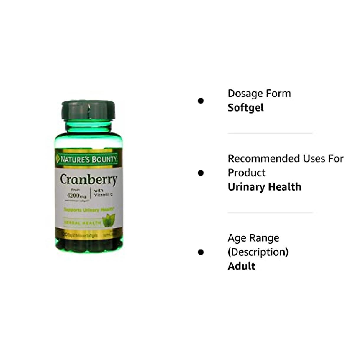 Nature's Bounty Cranberry Fruit 4200 mg, Plus Vitamin C, 120 Softgels