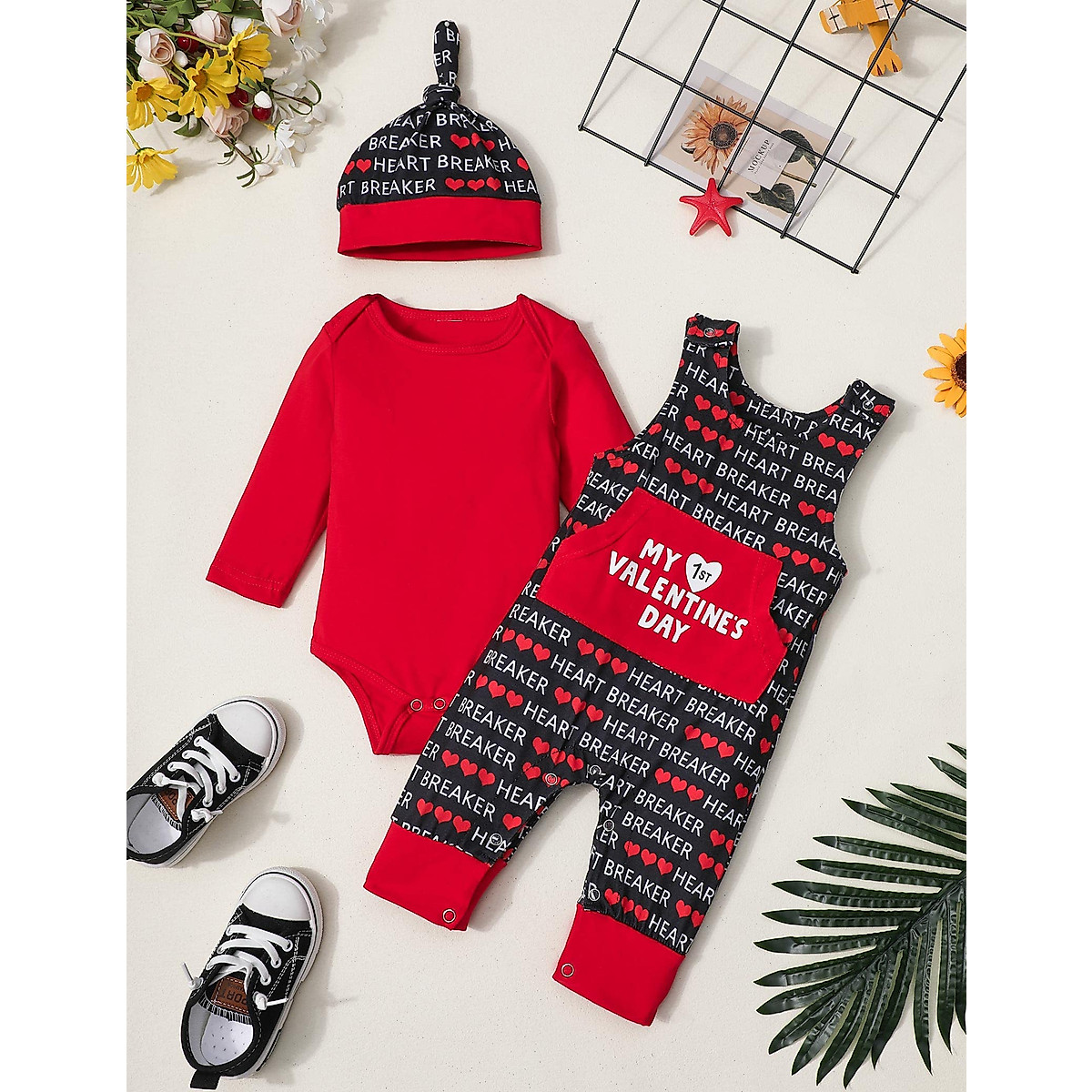 DONWEN Baby Boy Valentines Day Outfit 9-12 Months My First Valentine's Day Romper Print Overall Valentine Outfit for Baby Boy