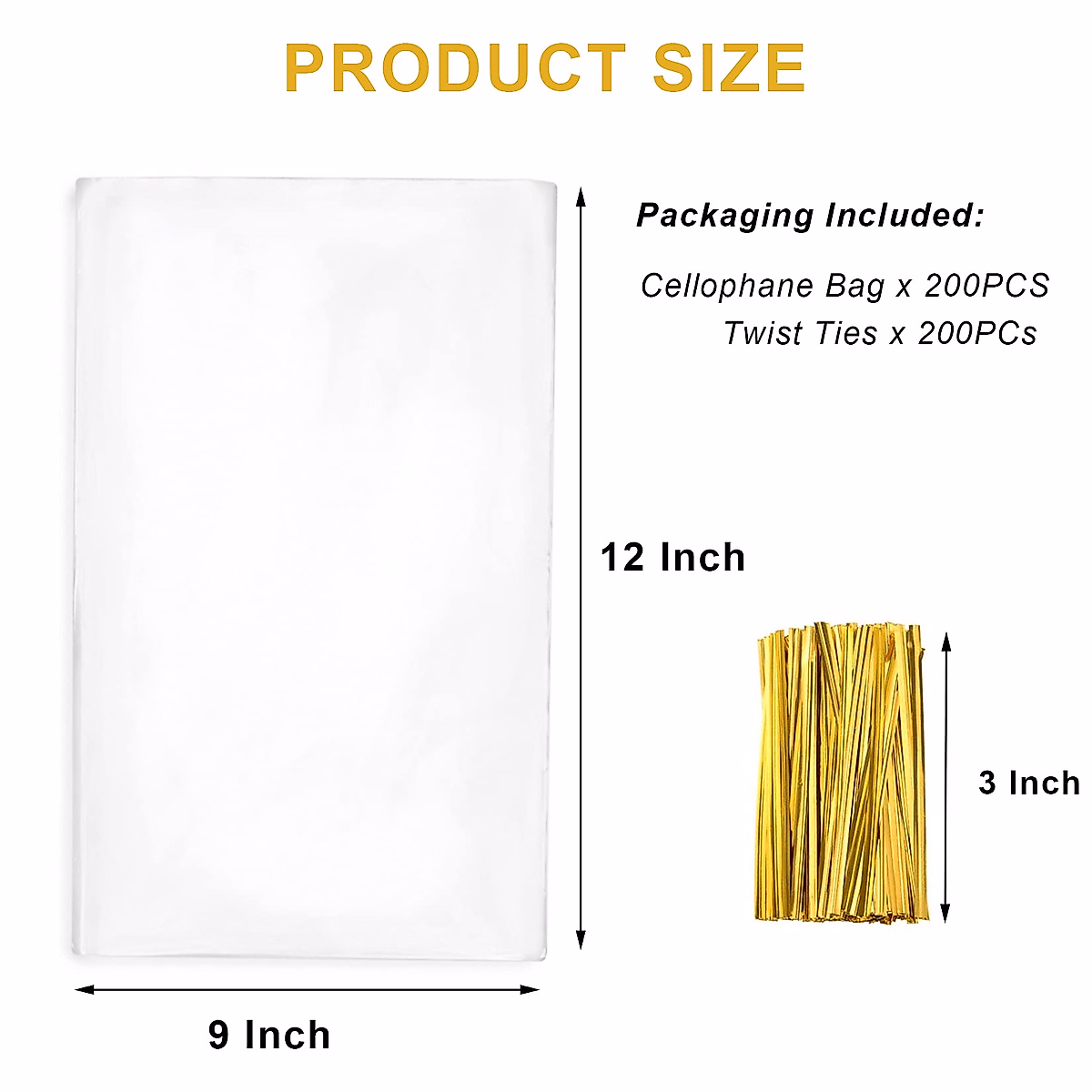 Yotelab Cellophane Bags, 9x12 Inches Clear Cellophane Gift Bags With Twist Ties, Cello Bags 200 PCS