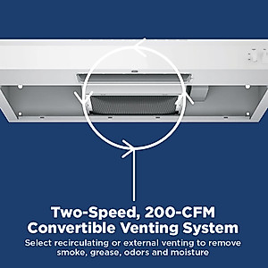 GE Under Cabinet Range Hood, 2-Speed, 30-Inch Kitchen Exhaust Fan, Cooktop Lighting & Included Filter, Kitchen Essentials, Top or Rear Exhaust Capability, 200 CFM, White