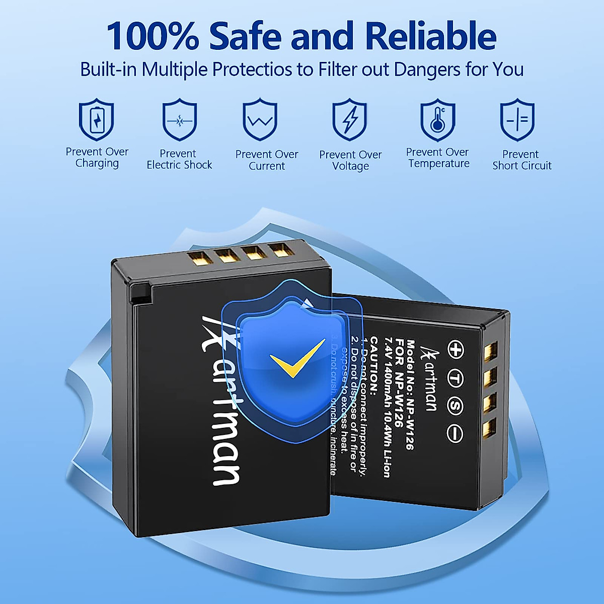 Artman NP-W126 NP-W126S Battery and LCD Dual Charger for Fujifilm X100V, X100VI, X100F, X-T100, X-T200, X-T1, X-T2, X-T3, X-T10, X-T20, X-T30 II, X-S10, X-A5, X-A10, X-E4, X-Pro2, X-Pro3 (2-Pack)