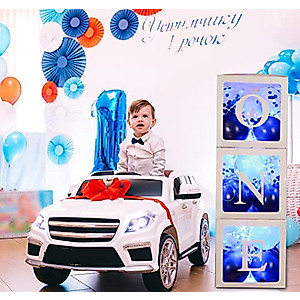 FIGEPO First Birthday Balloons Boxes with 3 LED String Lights and 12 Blue Balloons 12 Confetti Balloons ONE Transparent White Blocks for Baby Boy 1st Birthday Decorations baby shower Photo Shoot Prop
