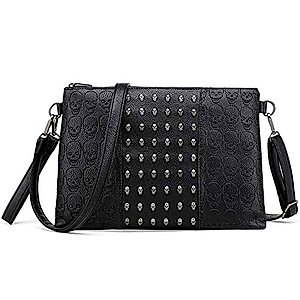 FiveloveTwo Women Punk Skull Print Clutch PU Leather Satchel Shoulder Tote Top-handle Purse Handbag Black