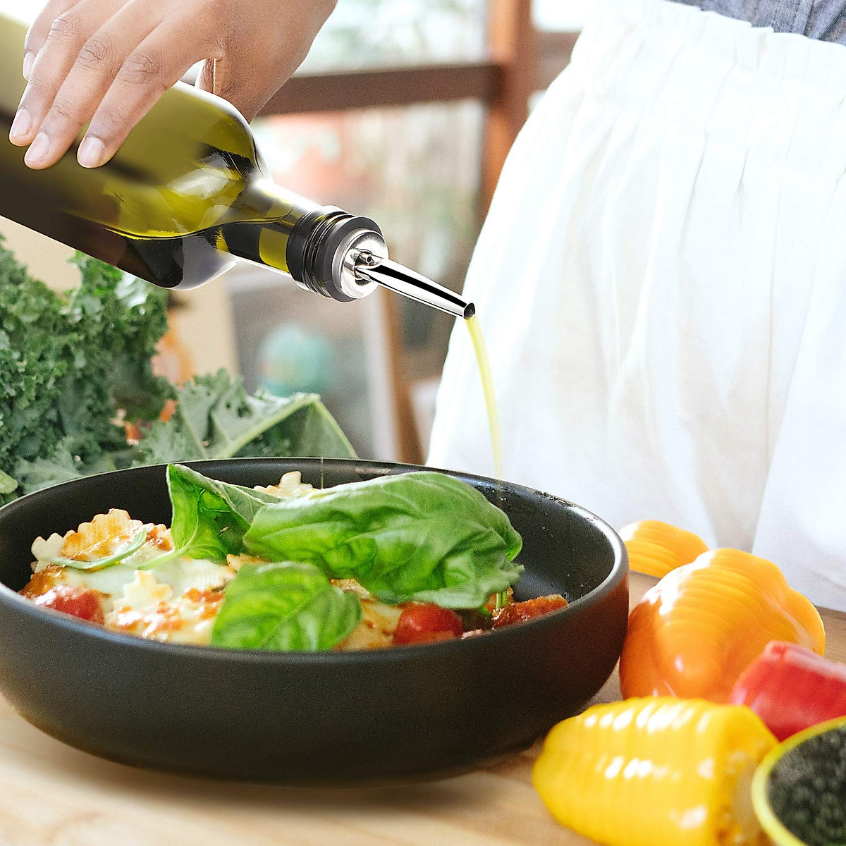 AOZITA [2 PACK] 17 oz Glass Olive Oil Dispenser Bottle Set - 500ml Dark Green Oil & Vinegar Cruet Bottle with Pourers, Funnel and Labels - Olive Oil Carafe Decanter for Kitchen