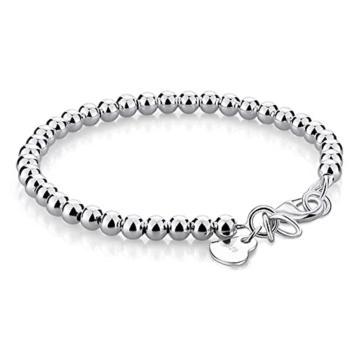 Meilanduo 925 Sterling Silver Women's 4MM-6MM Italian Bead Ball Chain Bracelet, Handmade Bead Italian Bracelet, Lobster Claw Clasp - Sizes 5.1" to 8.3" Inch - (Silver-Tone, 4mm 5.1")