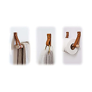 Bathroom Fixture Kit includes leather & wood Toilet Paper Roll Holder, Bath Towel Rail, leather & brass hanging Hand Towel Ring hook with gold hardware, straps are wall mounted, accessories rack