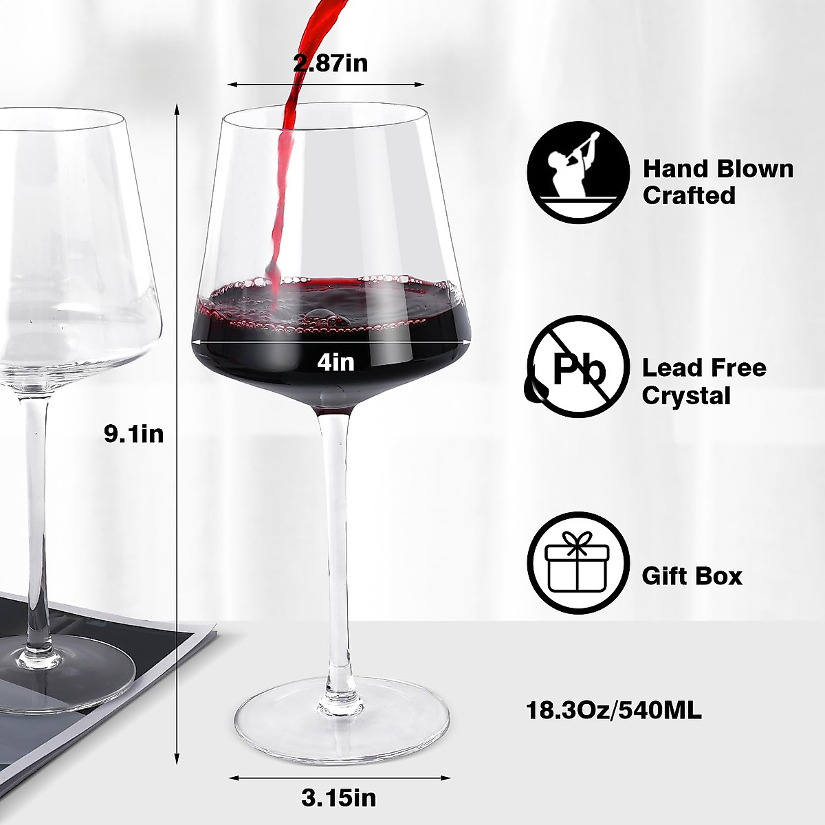 Yaschmo Wine Glasses Set of 4- Hand Blown Crystal, 18 oz Modern Glasses with Tall Stem for Red White Wine, Great Gift Packaging for Daily Use,Unique Wedding Anniversary or Birthday Gift