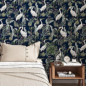 ReWallpaper 17.5in X 39ft Peel and Stick Wallpaper Vintage Dark Botanical Wallpaper Removable Navy White Crane Wallpaper for Bathroom Bedroom Living Room Self Adhesive Renter Friendly Contact Paper
