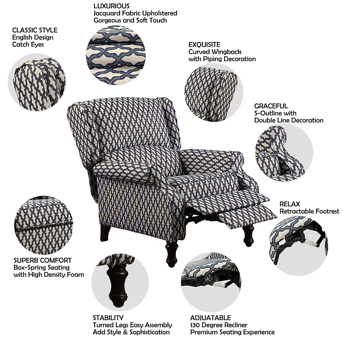 Rosevera Kelly Victoria Padded Push Back Recliner Chair for Living Room and Bedroom, Navy Blue