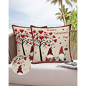 Vandarllin Outdoor Throw Pillows Covers 18X18 Set of 2 Waterproof Happy Valentine's Day Decorative Zippered Lumbar Cushion Covers for Patio Furniture, Gnomes Love Heart Tree