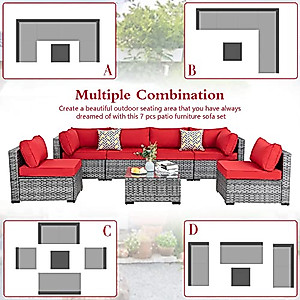 Shintenchi 7 Pieces Outdoor Patio Sectional Sofa Couch, Silver Gray PE Wicker Furniture Conversation Sets with Washable Cushions & Glass Coffee Table for Garden, Poolside, Backyard (Red)
