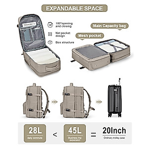 Large Travel Laptop Backpack, Expandable Flight Approved Backpack, Carry on Backpack for Women, Waterproof 17inch Laptop Hiking Backpack with Shoe Compartment, Grey Brown